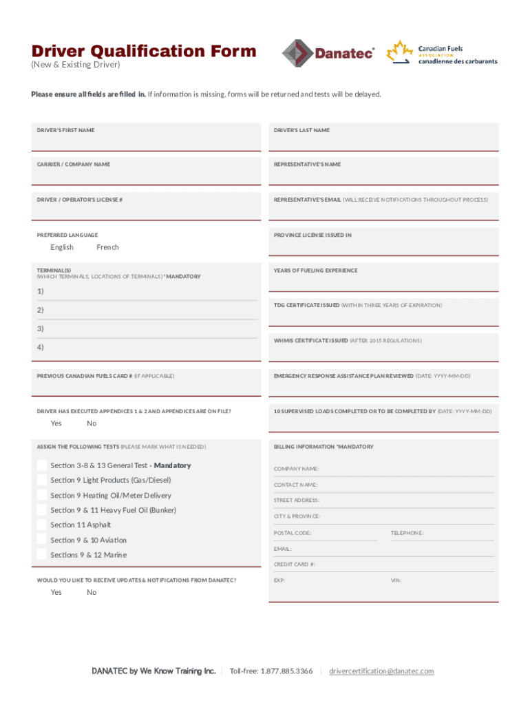 Fillable Online Driver Qualification Form - Canadian Fuels Fax Email ...