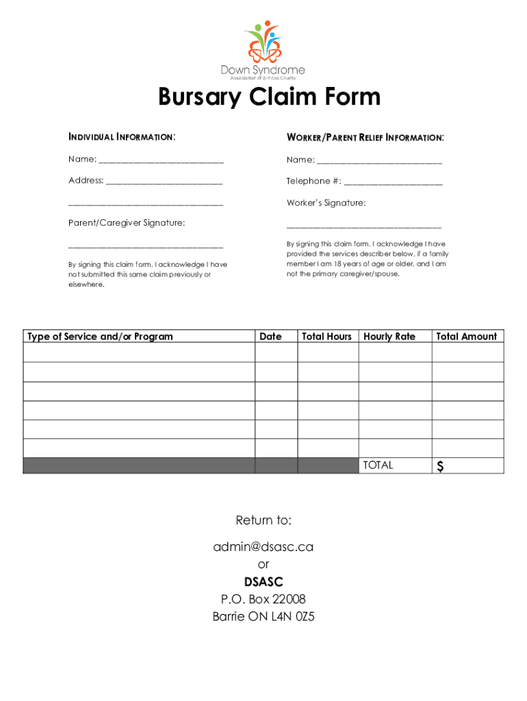 Fillable Online Bursary Claim Form - dsasc.ca Fax Email Print - pdfFiller