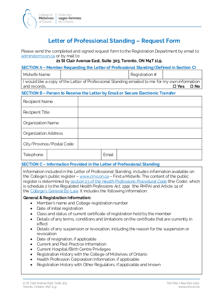 Fillable Online Letter of Professional Standing Request Form 2021 Fax ...