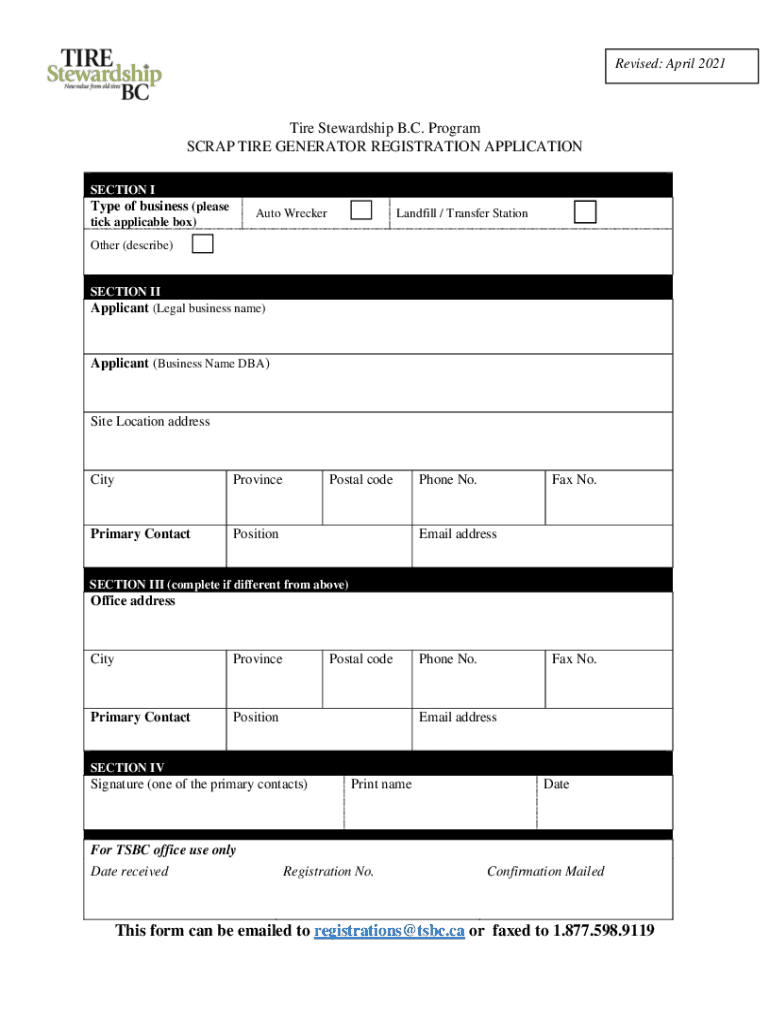 Fillable Online TIRE STEWARDSHIP BRITISH COLUMBIA ASSOCIATION - tsbc ...