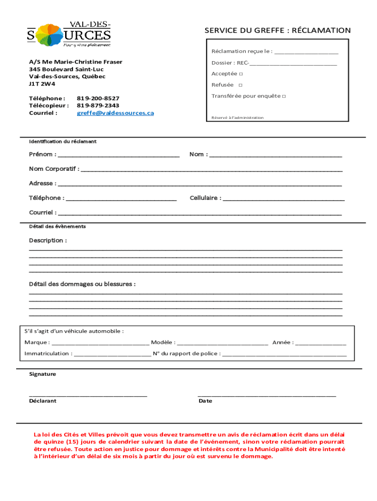 Remplissable En Ligne Formulaire de rclamation - Ville de Saint-Rmi Fax Email Imprimer - pdfFiller