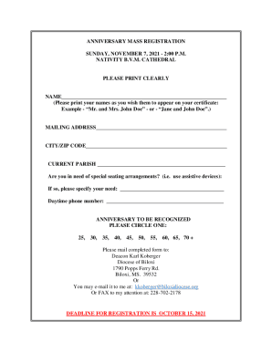 Fillable Online ANNIVERSARY MASS REGISTRATION Fax Email Print - pdfFiller