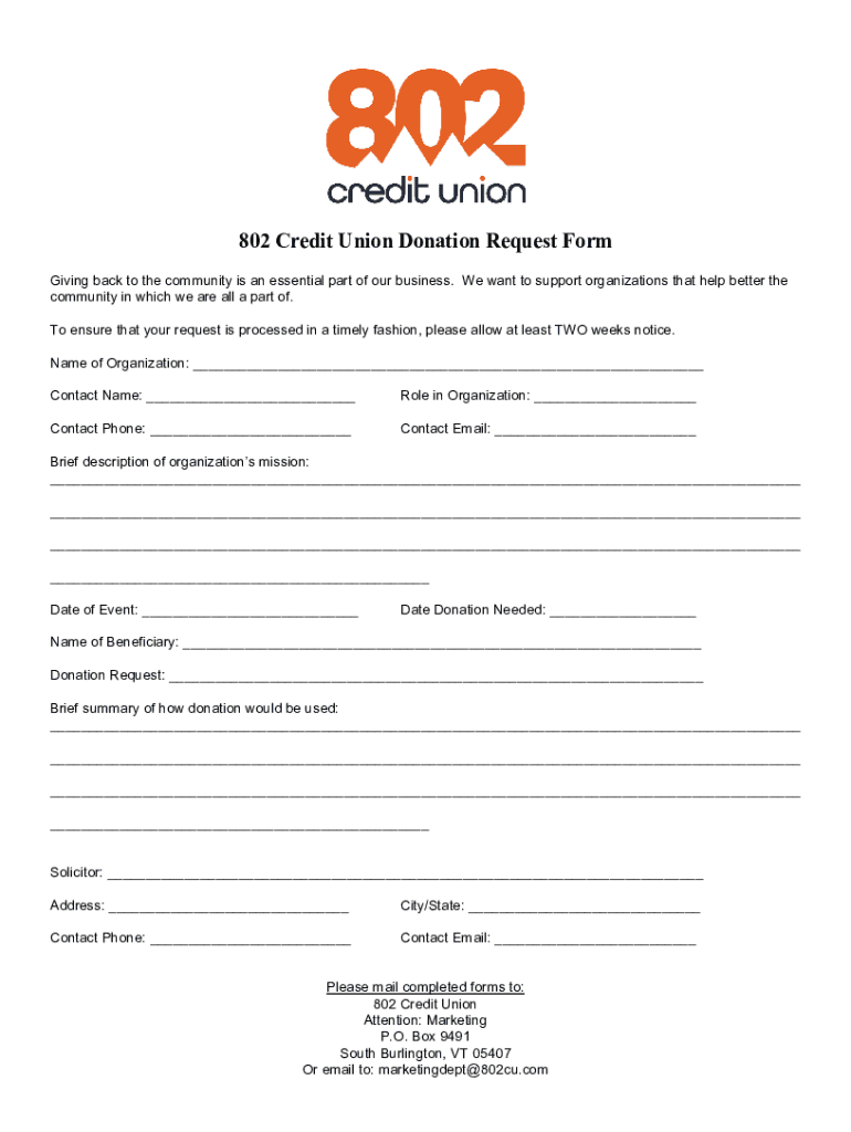 Fillable Online 802 Credit Union Donation Request Form Fax Email Print ...