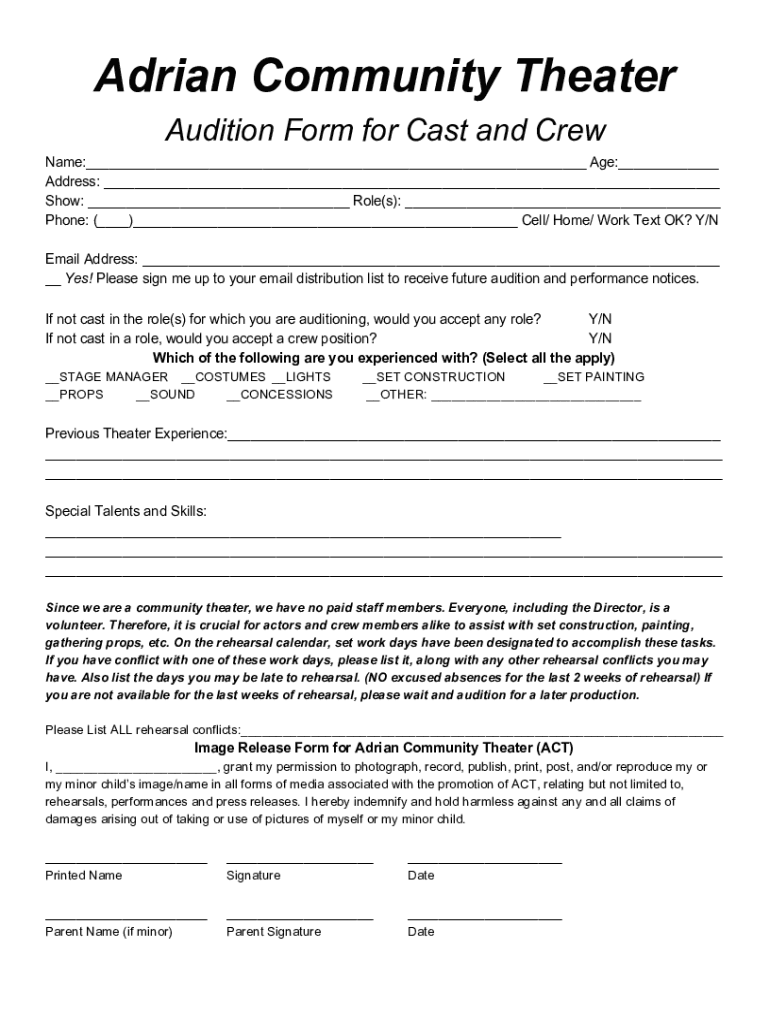 Fillable Online Audition Form for Cast and Crew Fax Email Print - pdfFiller