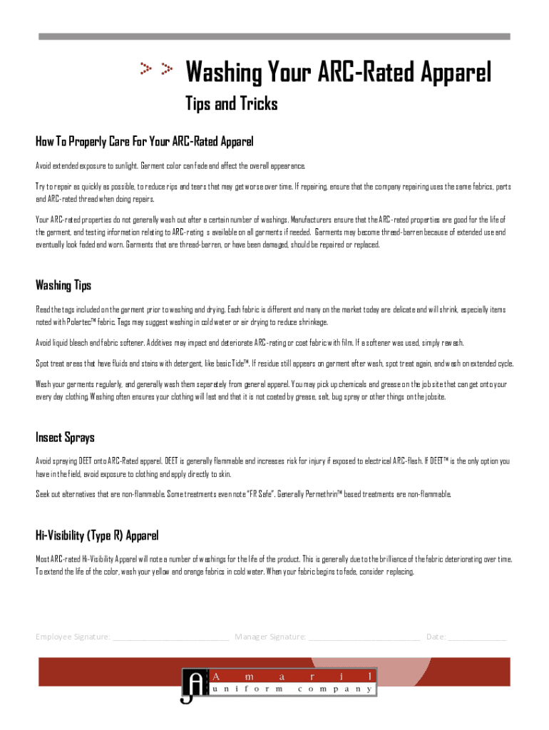 Fillable Online Washing Your ARC-Rated Apparel - Amaril Uniform Fax ...