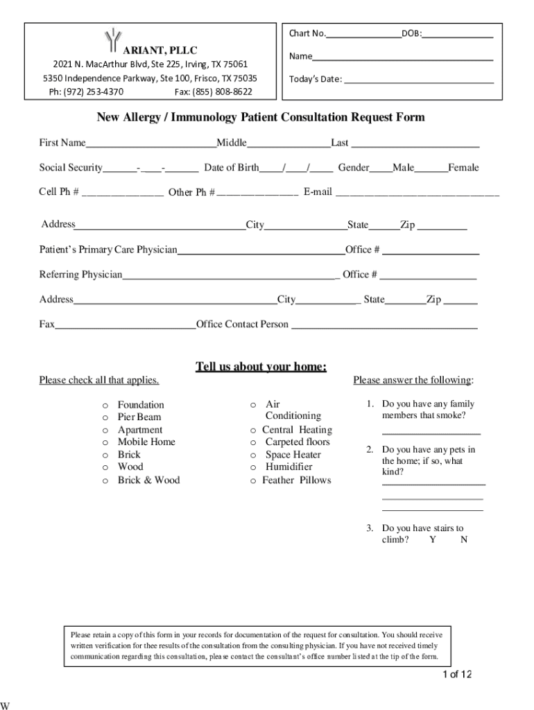 Fillable Online New Patient Allergy Intake Form - ARIANT Fax Email ...