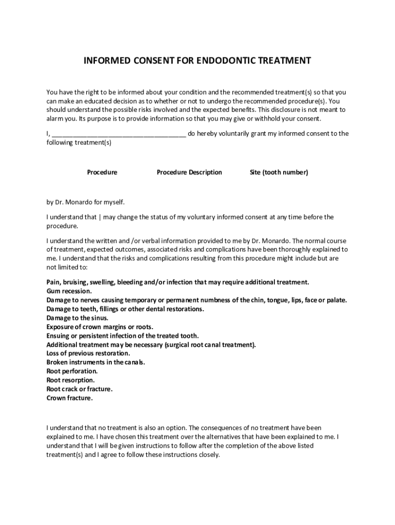 Fillable Online ENDODONTIC (ROOT CANAL THERAPY TREATMENT) INFORMED CONSENT Fax Email Print ...