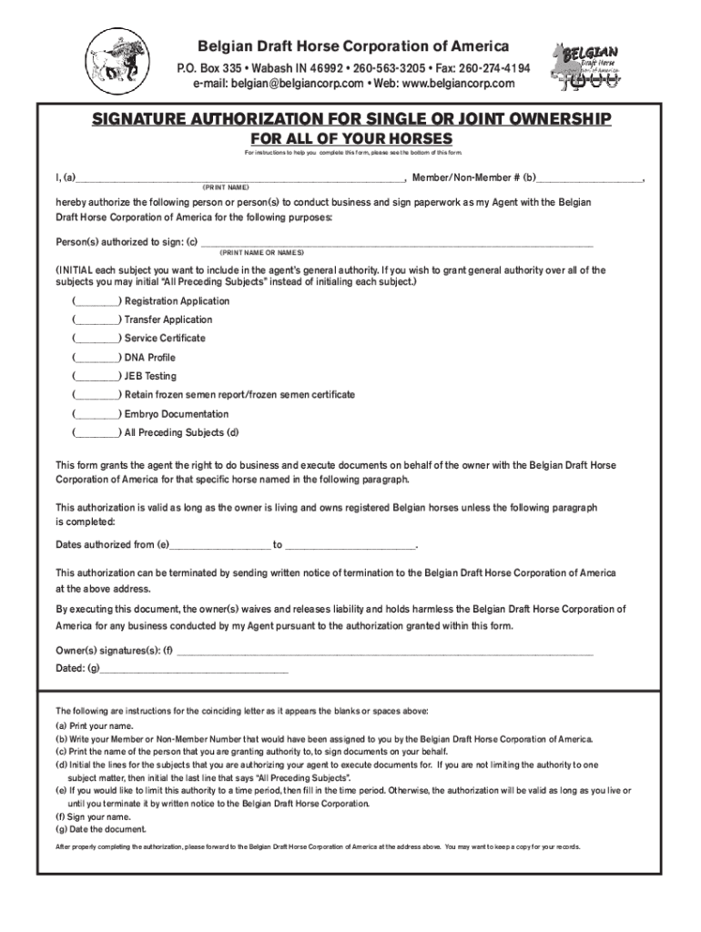 Fillable Online SIGNATURE AUTHORIZATION FOR SINGLE OR JOINT OWNERSHIP ...