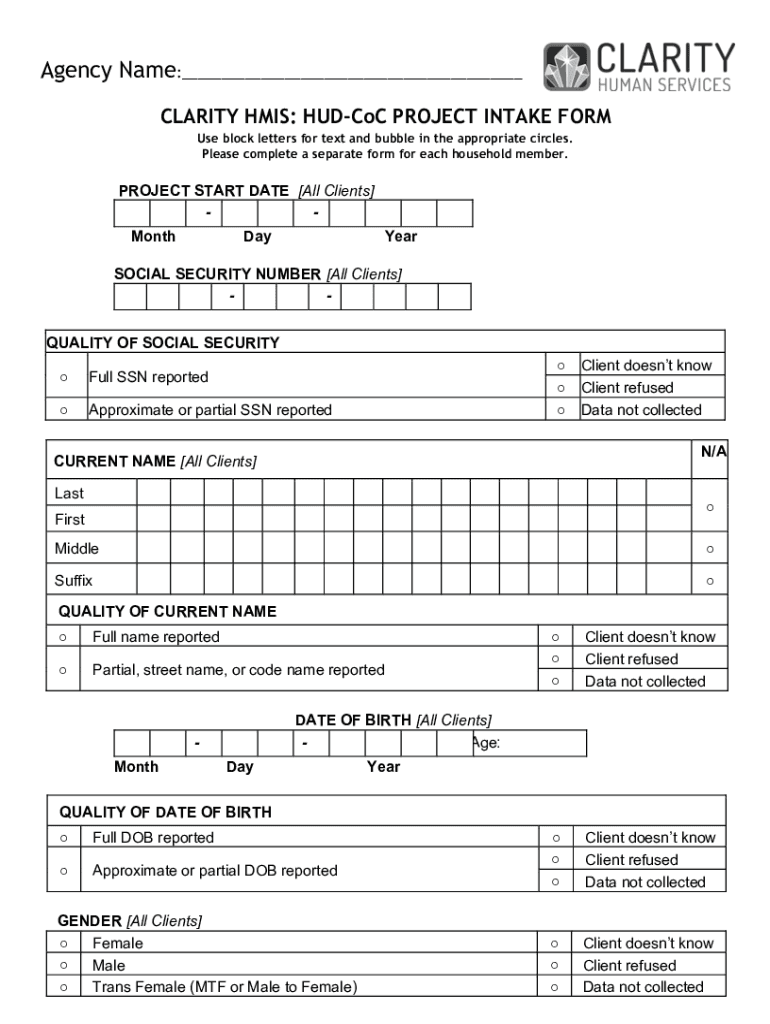 Fillable Online CLARITY HMIS- HUD-CoC Congregate NCV Program IntakeBack ...