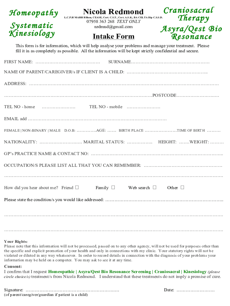Fillable Online AA. Intake Form (inc GDPR) - Homeopathy Craniosacral ...