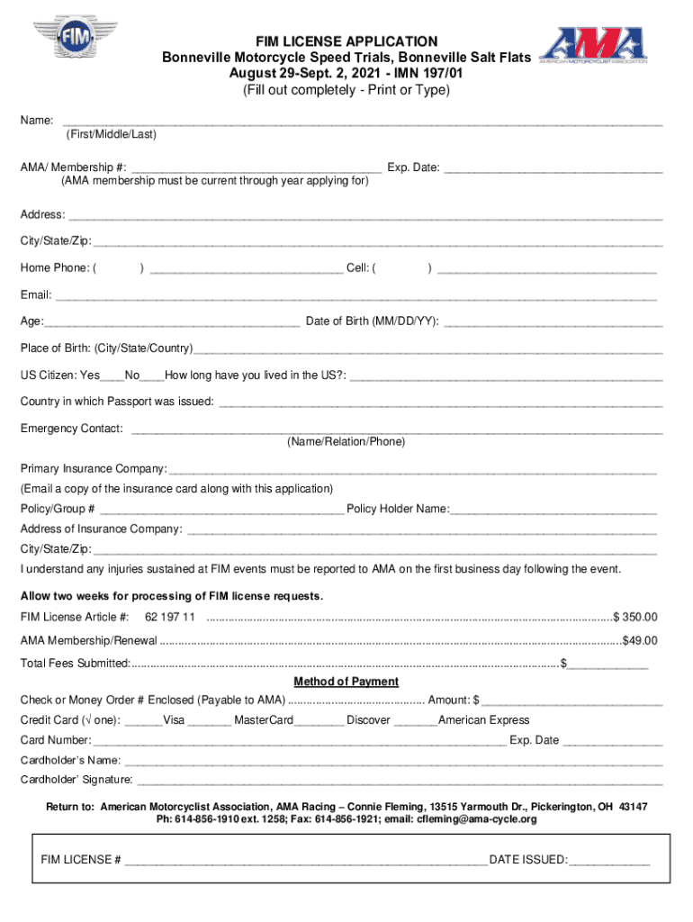 Fillable Online FIM LICENSE APPLICATION Bonneville Motorcycle Speed ...