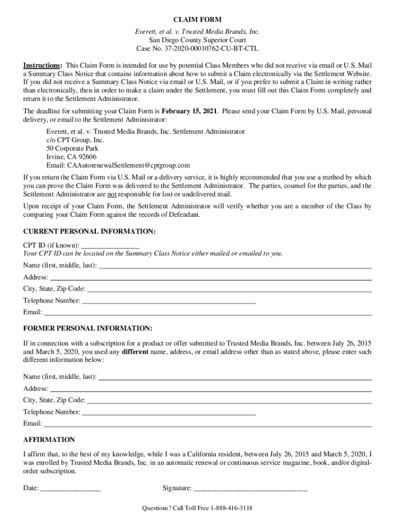 Fillable Online CLAIM FORM - Everett, et al. v. Trusted Media Brands ...