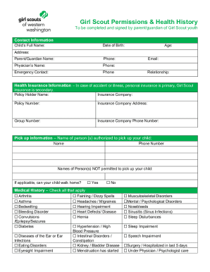Fillable Online GSWW Girl Scout Permissions & Health History Form. Girl ...