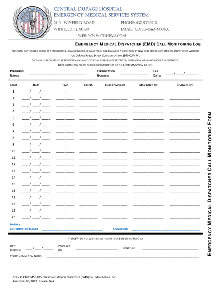 Fillable Online CDHEMSS-025 Emergency Medical Dispatcher (EMD) Call ...