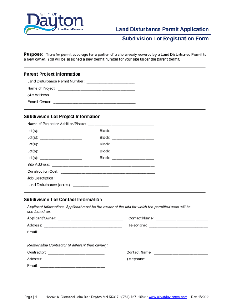 Fillable Online Land Disturbance Permit Application Subdivision Lot ...
