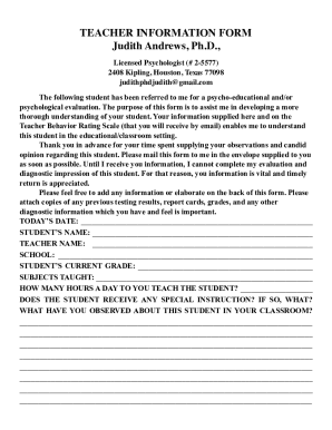 Fillable Online TEACHER INFORMATION FORM Judith Andrews, Ph.D., Fax ...