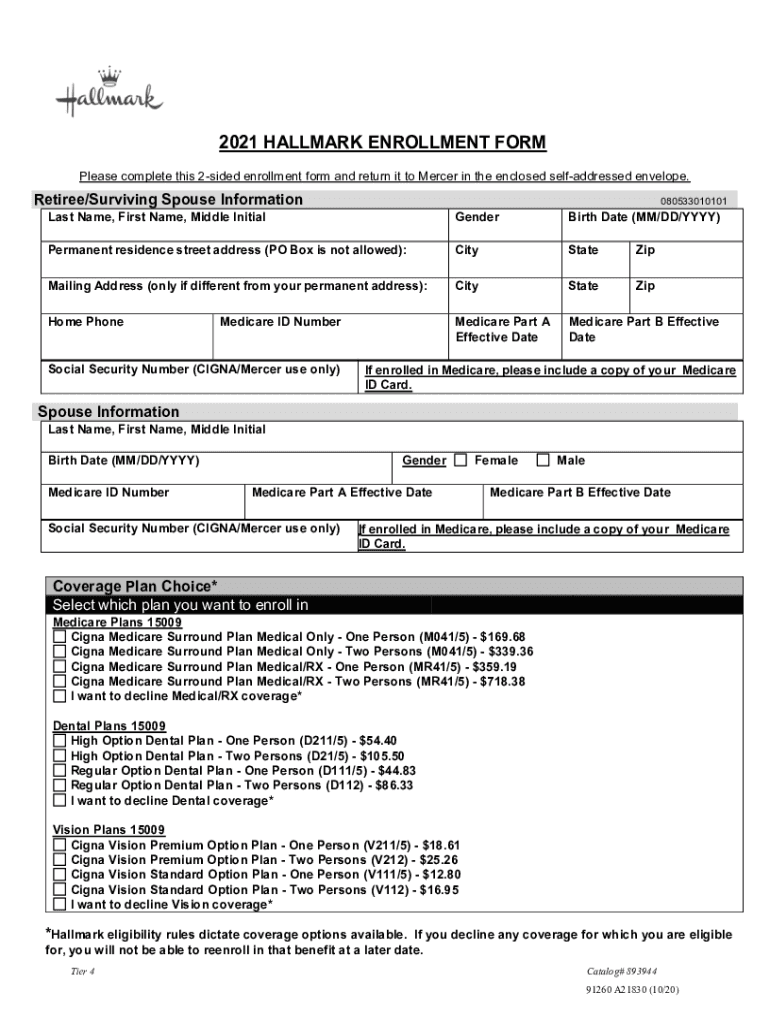 Fillable Online 91260 A21830 2021 Hallmark Tier 4 Medicare Enrollment ...
