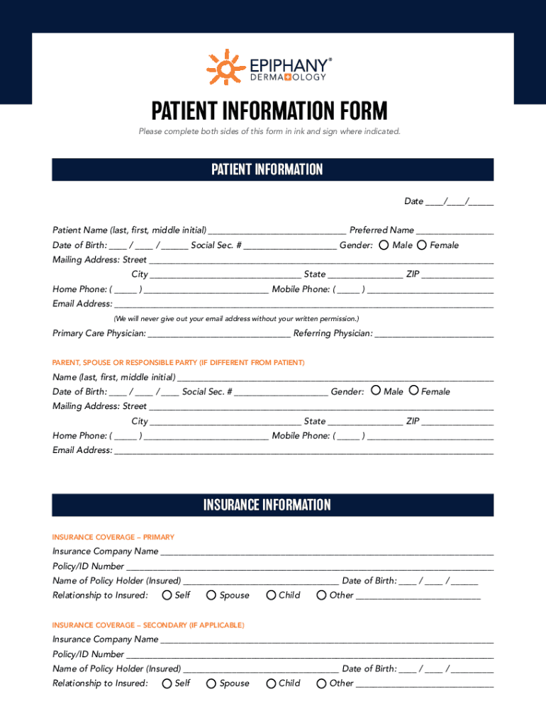 Fillable Online PATIENT INFORMATION FORM - Epiphany Dermatology Fax ...