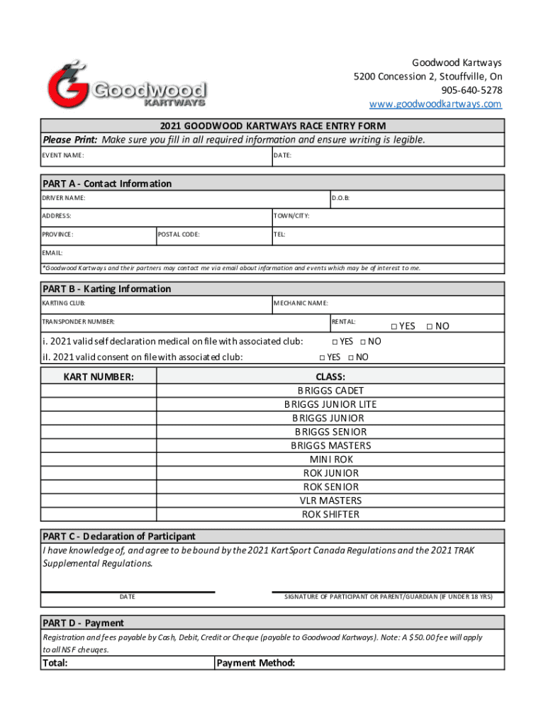 Fillable Online Goodwood KartwaysCHAMPION RON FELLOWS KARTING CHALLENGE ... Fax Email Print ...