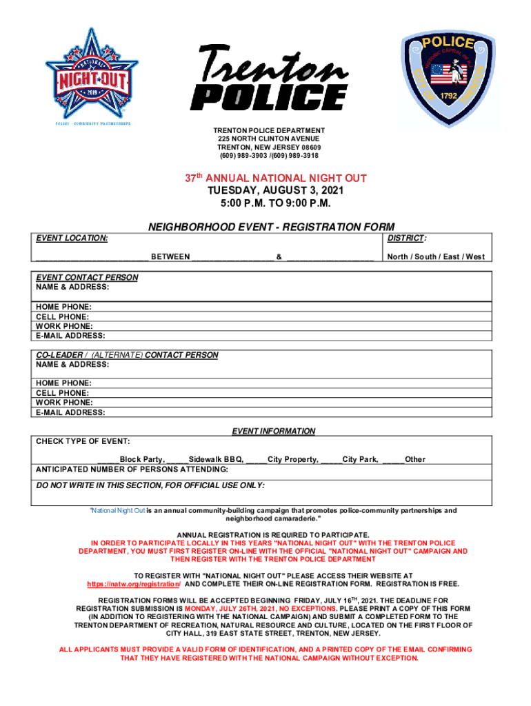 Fillable Online National Night Out- Registration Form 2019 Fax Email ...