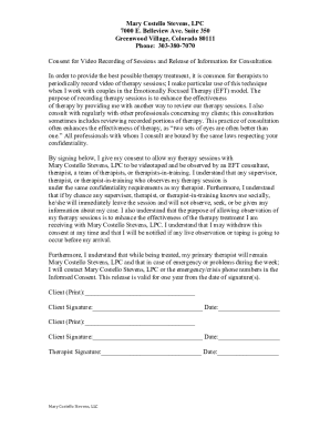 Fillable Online Consent for Video Recording of Sessions and Release of ...