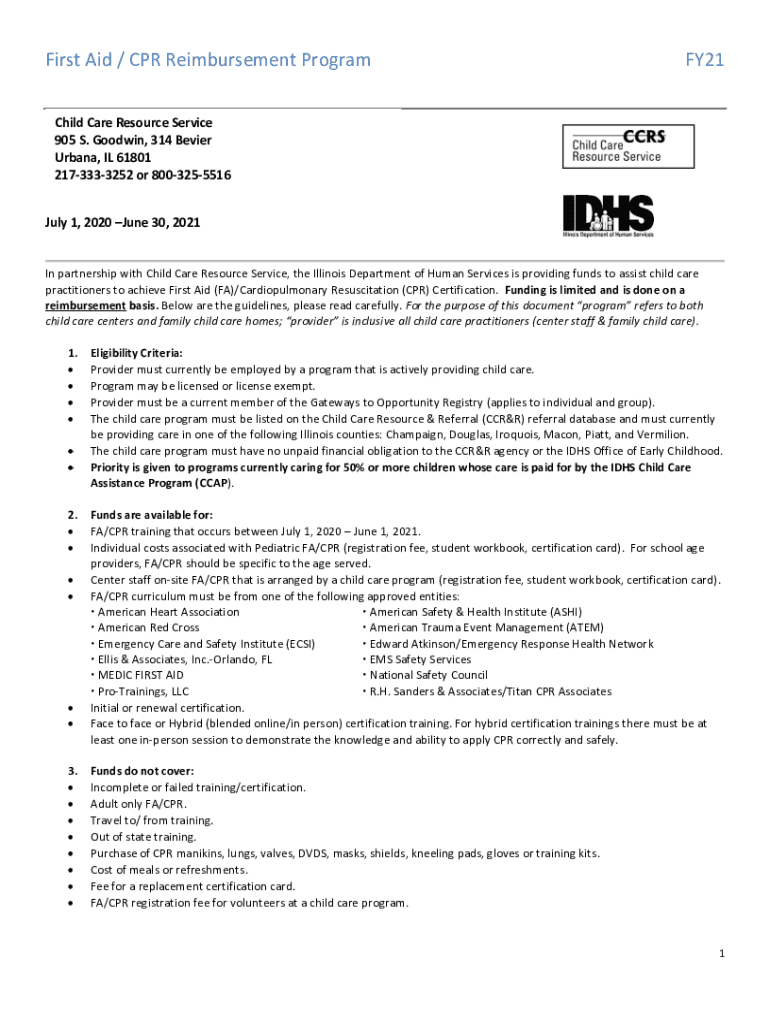 Fillable Online ccrs illinois First Aid / CPR Reimbursement Program Fax ...