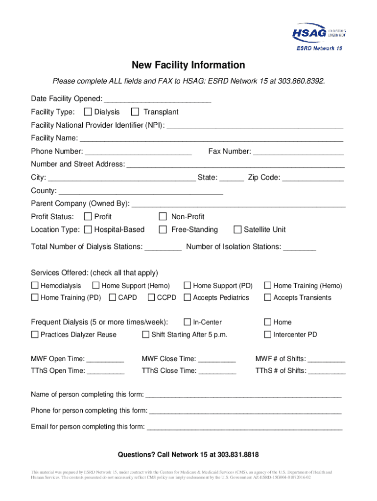 Fillable Online Network 15 New Facility Information Form. New Dialysis Facility Information Form ...