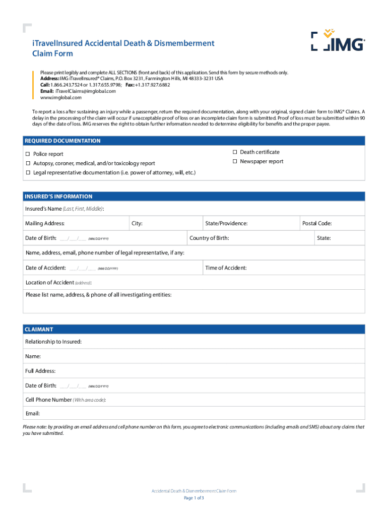 Fillable Online iTravelInsured Accidental Death & Dismemberment Claim ...