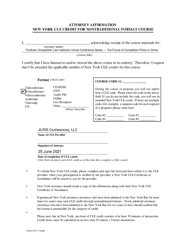 Fillable Online ATTORNEY AFFIRMATION NEW YORK CLE FOR NONTRADITIONAL ...