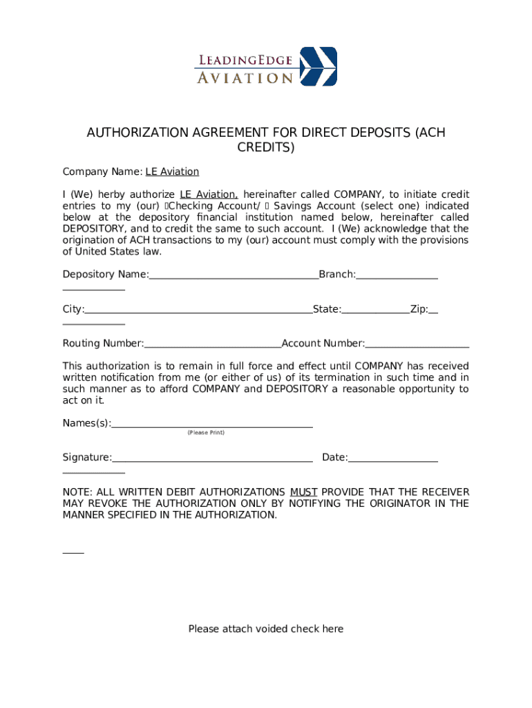 AUTHORIZATION AGREEMENT FOR DIRECT DEPOSITS ... - LE Aviation Doc ...