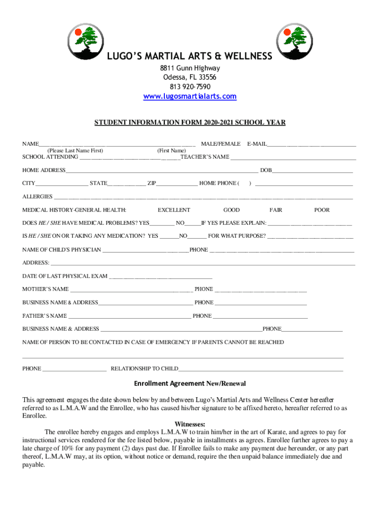 Fillable Online STUDENT INFORMATION FORM 2020-2021 SCHOOL YEAR Fax Email Print - pdfFiller