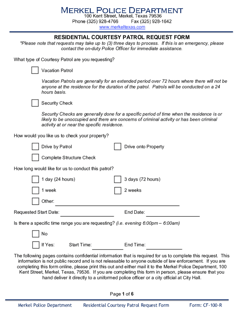 Fillable Online Residential Courtesy Patrol Request Form - Merkel Texas ...