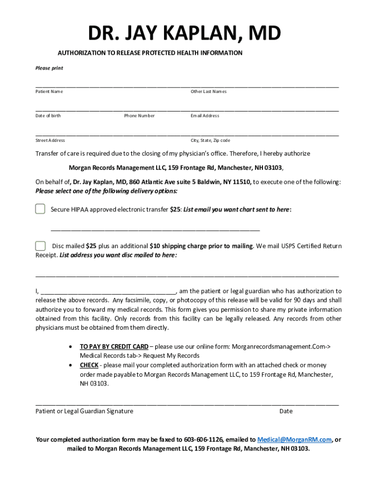 Fillable Online DR. JAY KAPLAN, MD - Morgan Records Management Fax ...