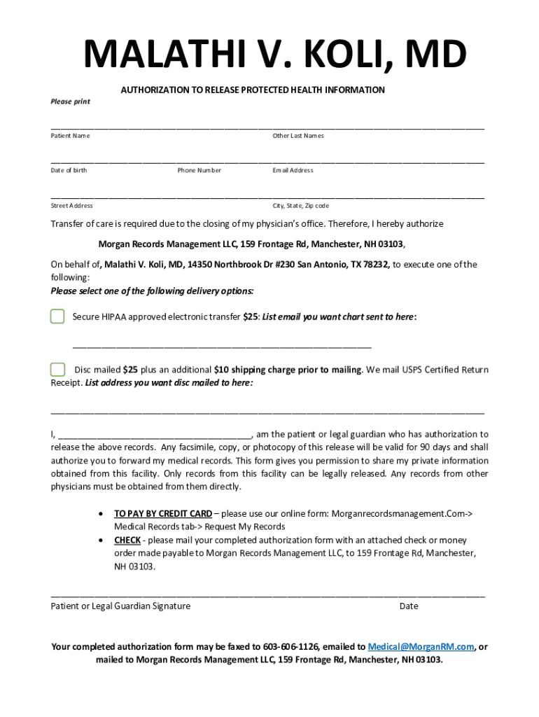 Fillable Online MALATHI V. KOLI, MD - Morgan Records Management Fax ...
