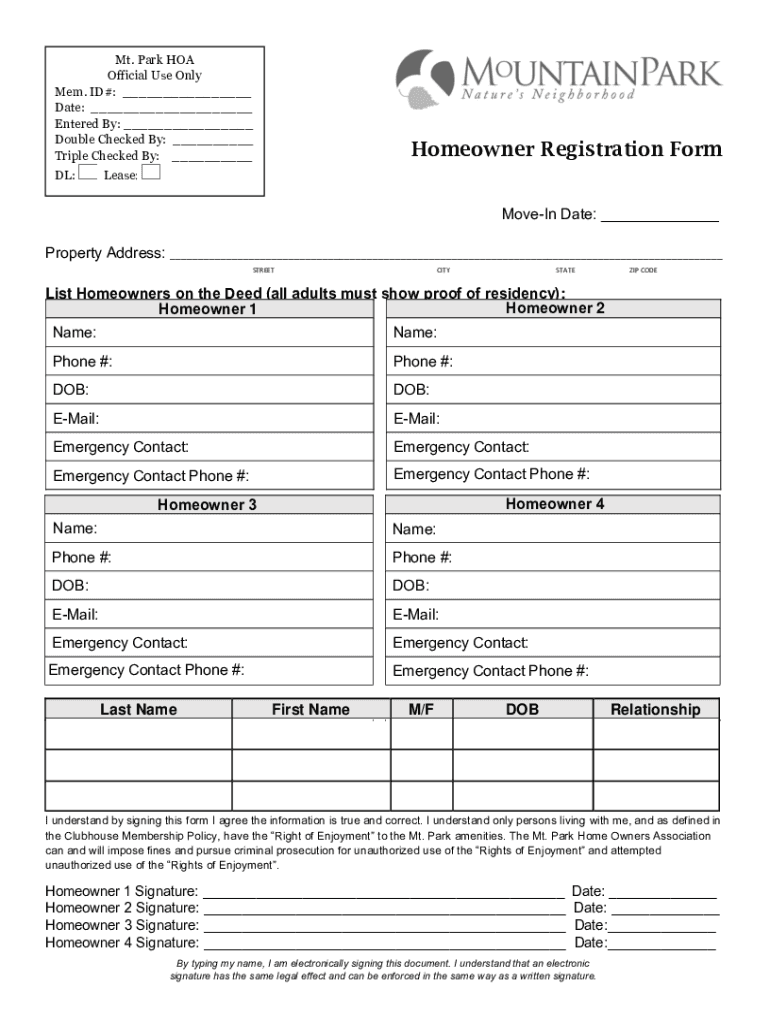 Fillable Online Homeowner Registration Form - Mountain Park Fax Email ...