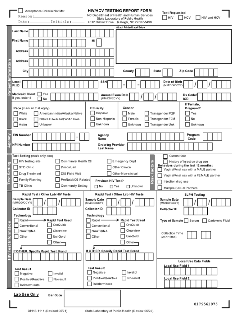 Fillable Online INSTRUCTIONS for HIV/HCV TESTING REPORT FORM (DHHS 1111 ...