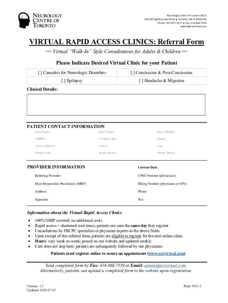 Fillable Online VIRTUAL RAPID ACCESS CLINCS: Referral Form Fax Email ...