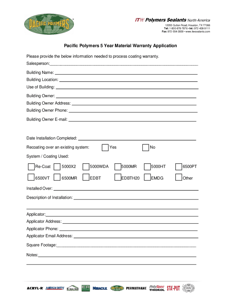 Fillable Online Pacific Polymers 5 Year Material Warranty Application Fax Email Print - pdfFiller