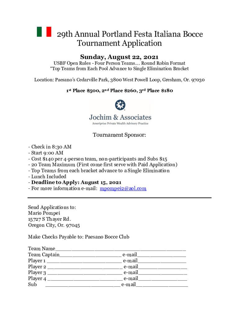 Fillable Online 29th Annual Portland Festa Italiana Bocce Tournament ... Fax Email Print - pdfFiller