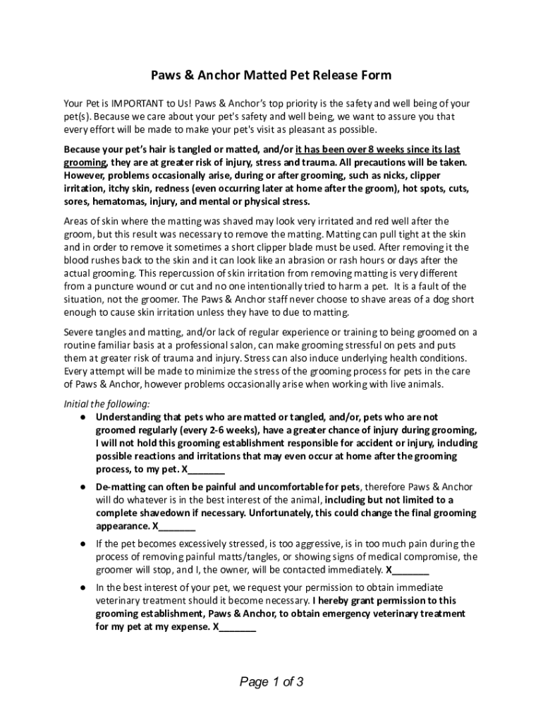 Fillable Online Matted Pet Release Form Fax Email Print - pdfFiller