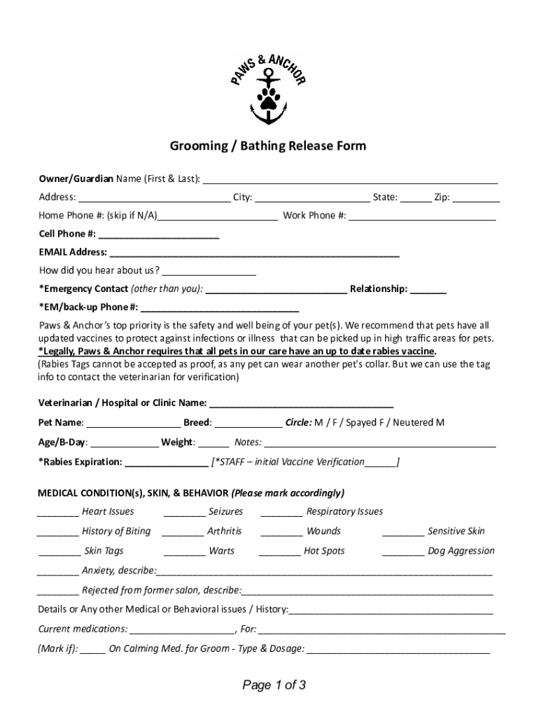 Fillable Online PAWS & ANCHOR - Grooming Release Form Fax Email Print - pdfFiller
