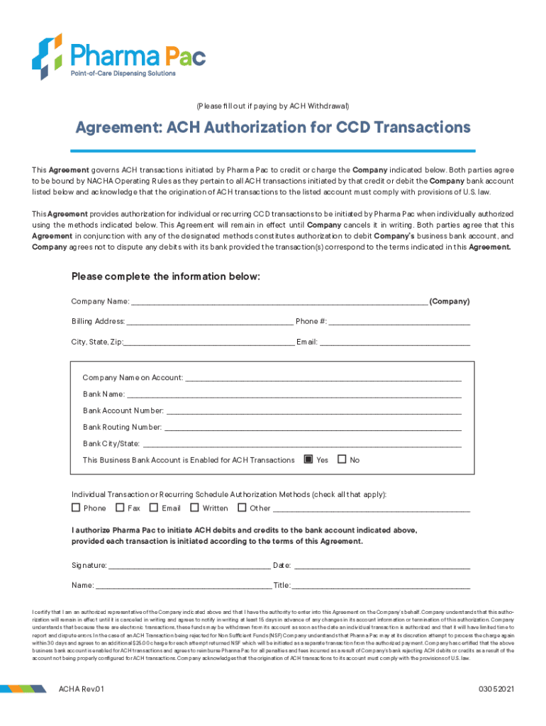 Fillable Online Agreement: ACH Authorization for CCD Transactions ...