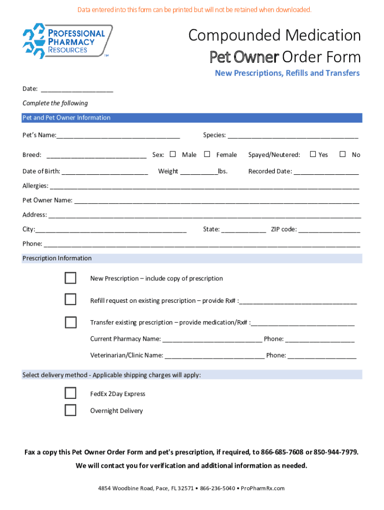 Fillable Online Compounded Drug Prescription Order Form - ProPharmRx Fax Email Print - pdfFiller