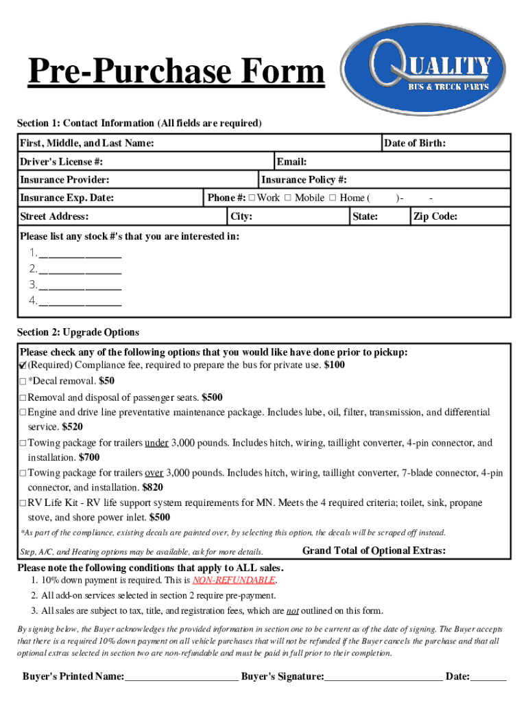 Fillable Online Pre-Purchase Form Fax Email Print - pdfFiller