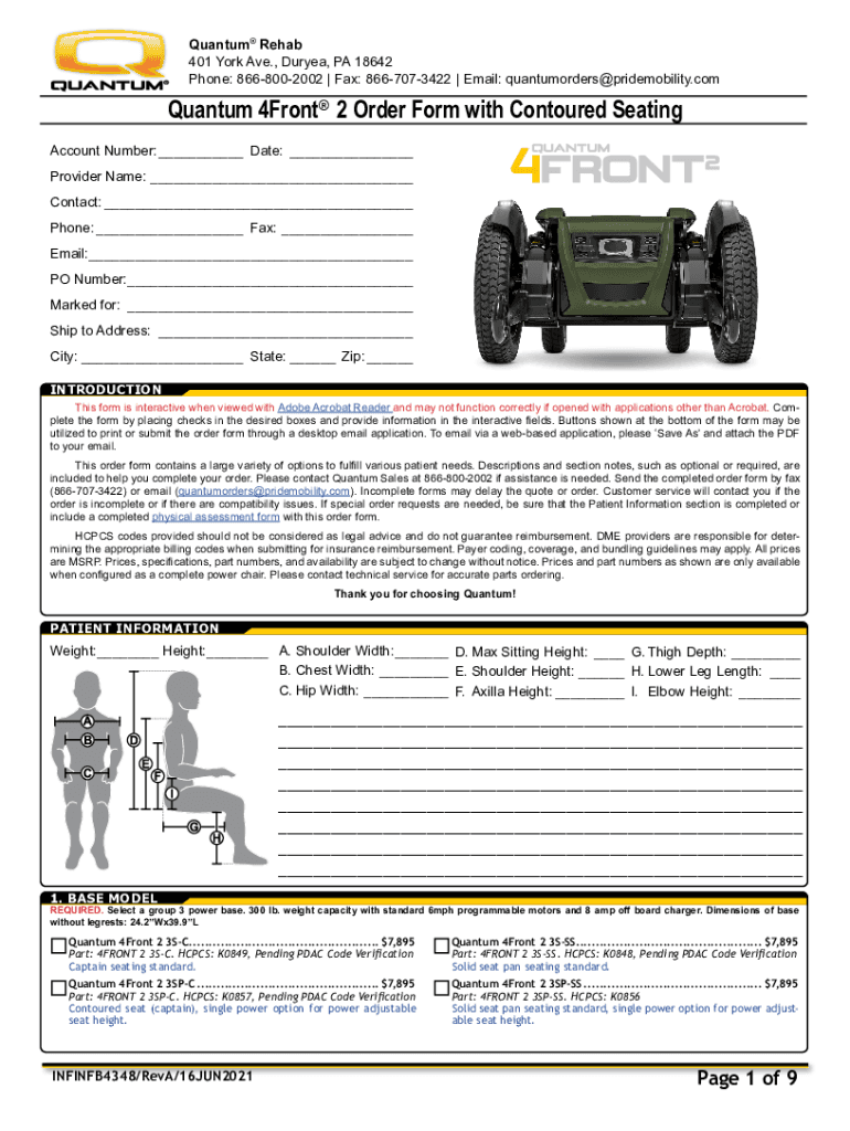 Fillable Online Quantum 4Front 2 Order Form with Contoured Seating ...