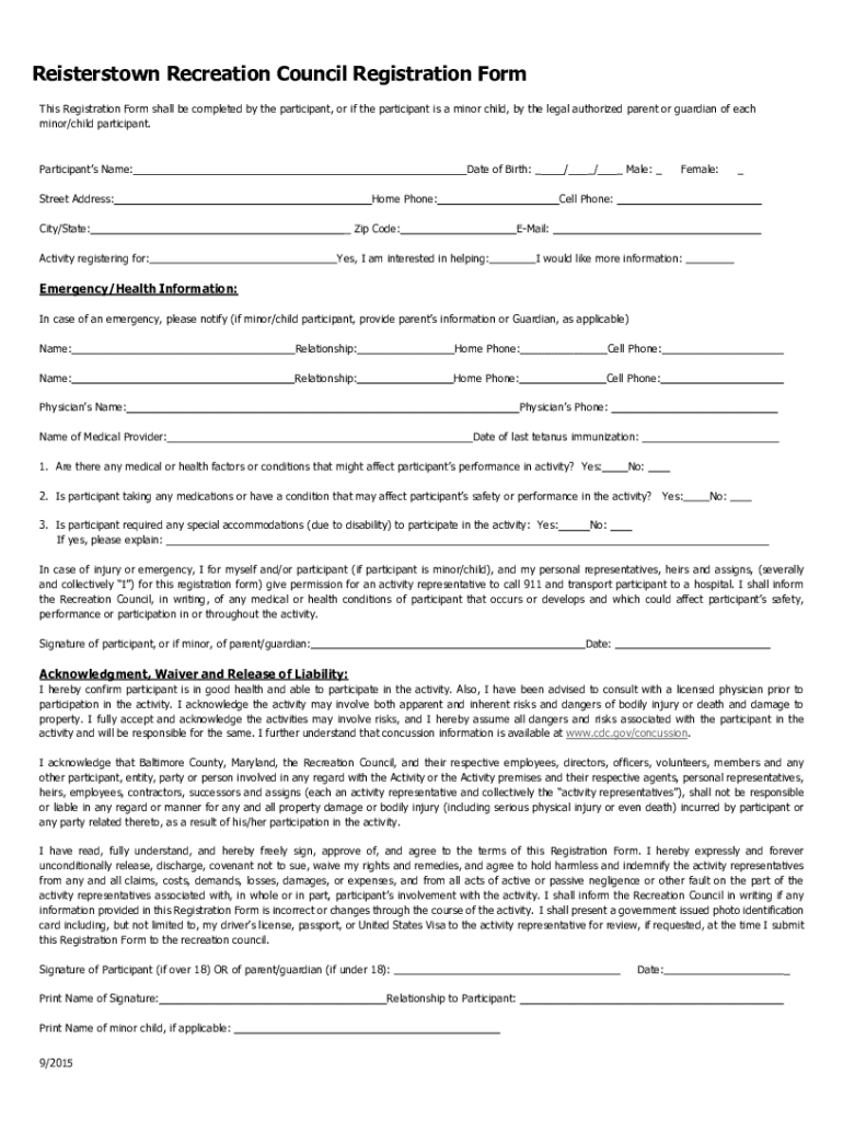 Fillable Online Recreation Council Registration Form - Woodlawn Fax ...