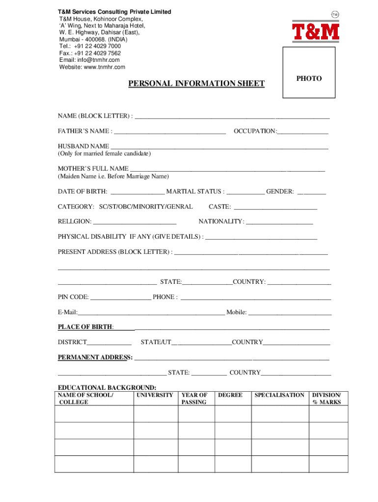 Fillable Online PERSONAL DATA FORM-revisedFinal Fax Email Print - pdfFiller