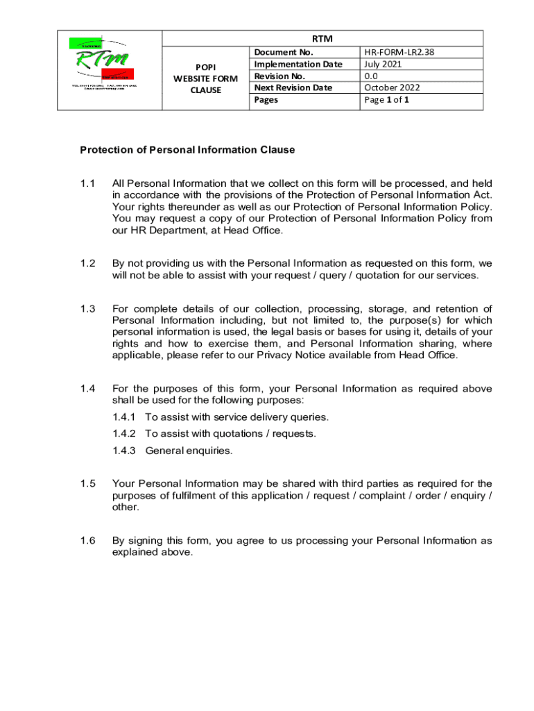 Fillable Online HR-FORM-LR3.37 POPI CLAUSE.doc Fax Email Print - pdfFiller