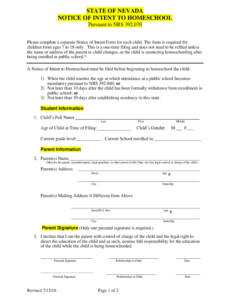 Fillable Online Notice of Intent to Homeschool - Clark County School ...
