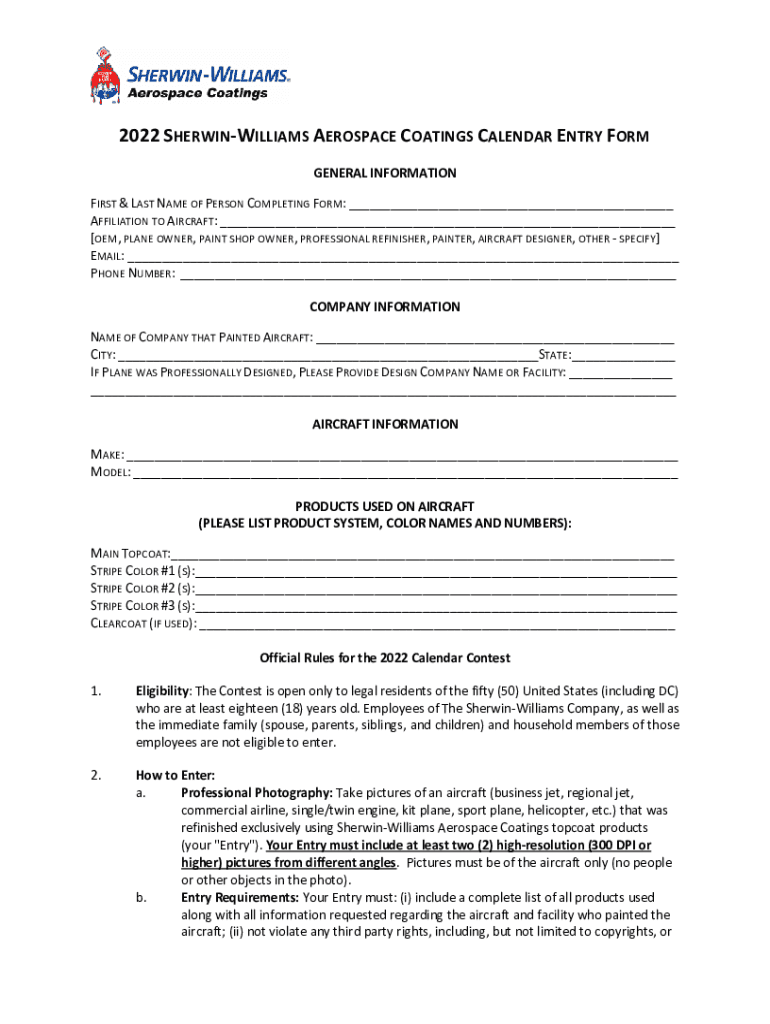 Fillable Online 2022 Aerospace Coatings Calendar Entry Form Fax Email ...